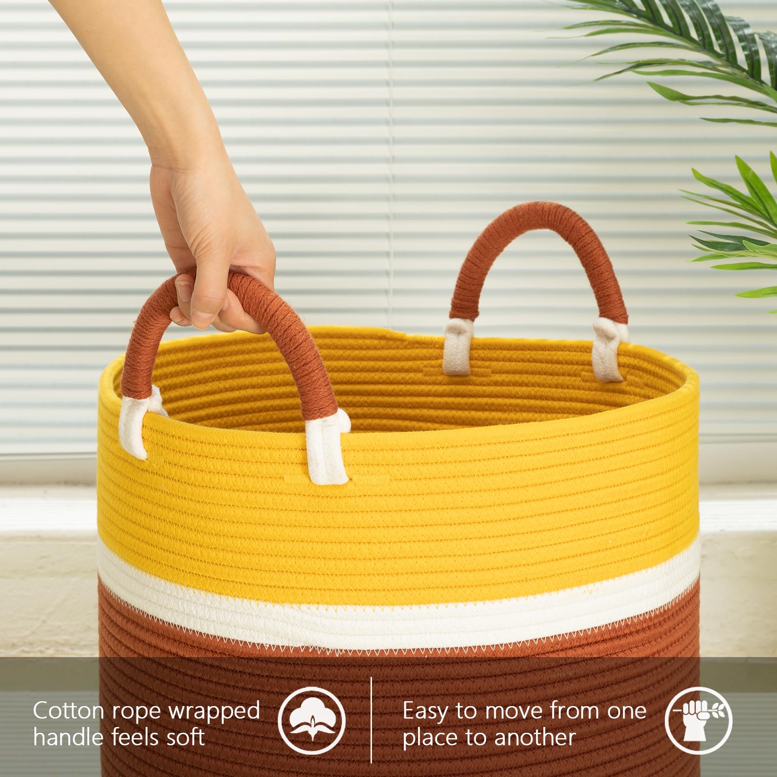 OIAHOMY 13.8x13.8x17.7 Inches Nursery Hamper, Decorative Blanket Basket for Living Room, Tall Laundry Basket With Handles, Large Nursery Clothes Hamper, Woven Laundry basket Organizer (Yellow)