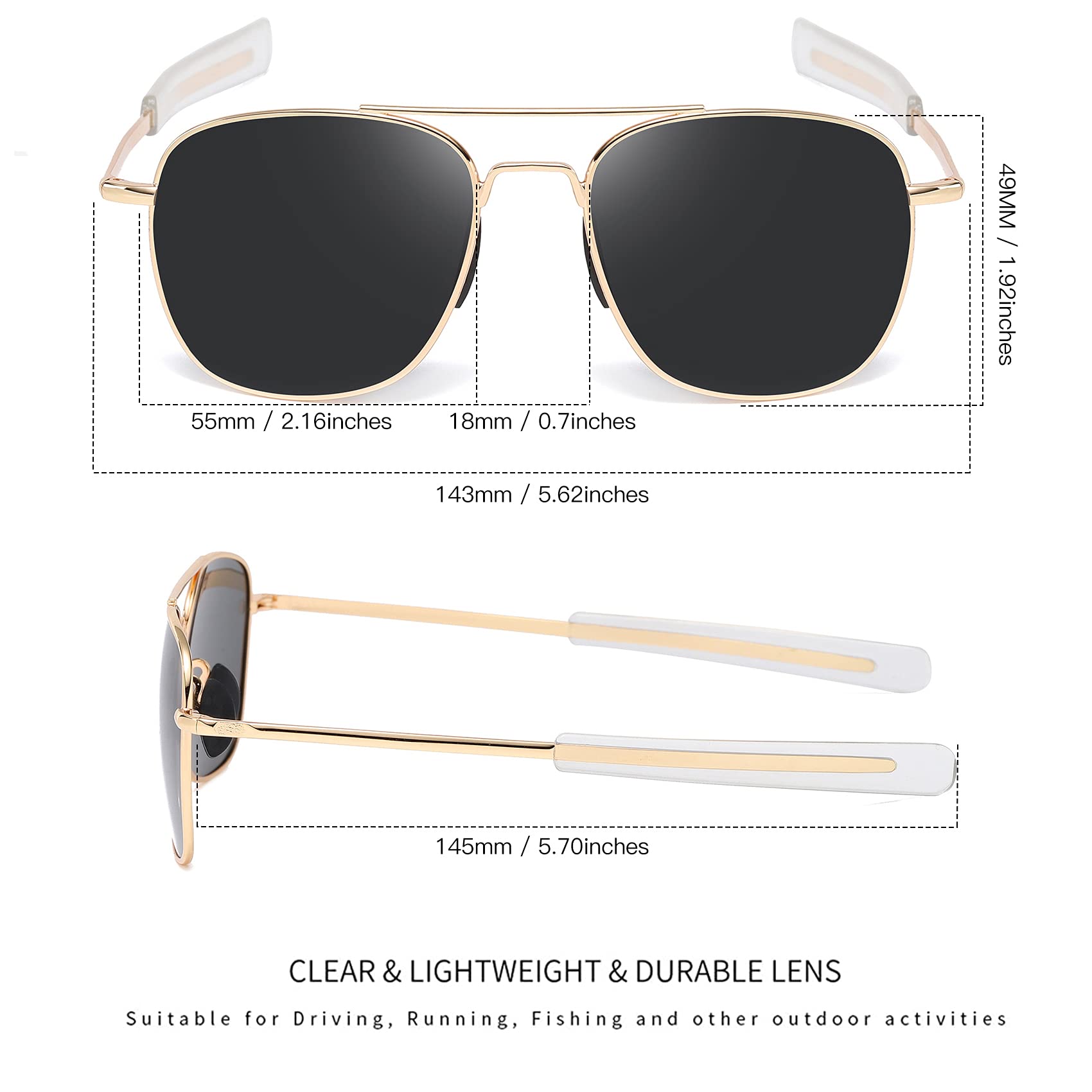RCXKOOM Aviator Sunglasses for Men Army Military Style Polarized Pilot Sun Glasses Metal Frame Spring Hinge Bayonet Temple Shades