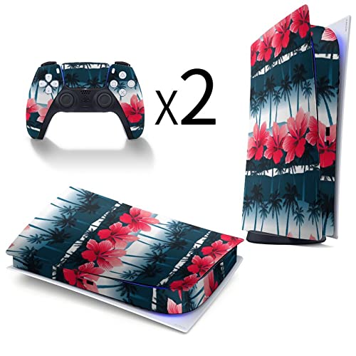 Tropical Hibiscus Flowers Full Protective Skin Cover Design Wrap Decal Sticker Compatible with PS5 Digital Edition Console and Controller