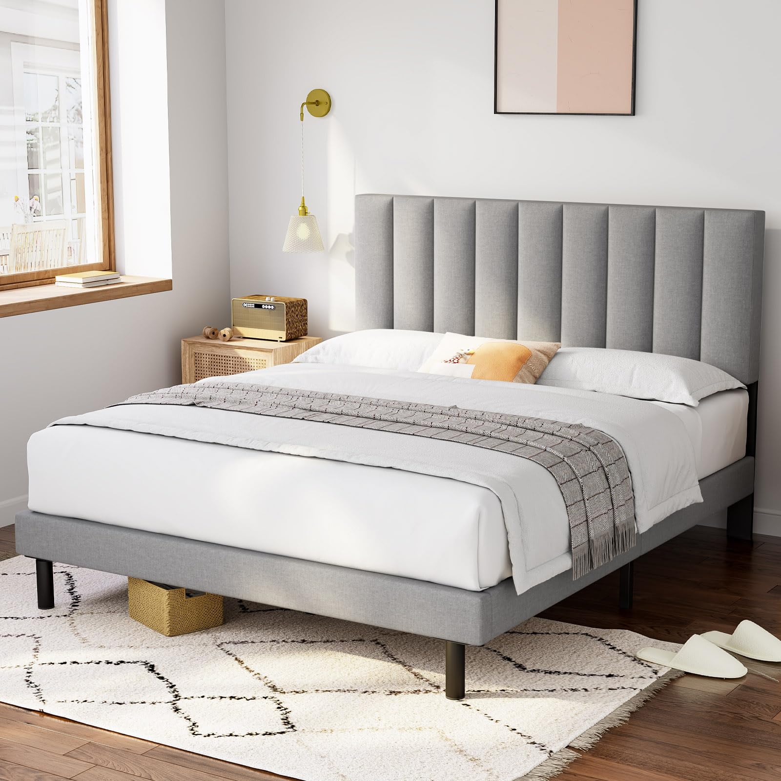 Molblly Full Size Bed Frame Upholstered Platform with Headboard and Strong Wooden Slats,Mattress Foundation,Non-Slip and Noise-Free,No Box Spring Needed, Easy Assembly,Light Gray