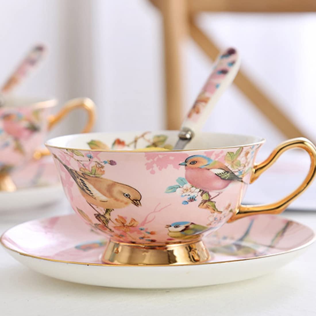 Pfedxoon Pink Bird Tea Cup with Saucer Spoon 3 Piece Set(7oz) Cappuccino Cups, Coffee Cups, Tea Cup Set, British Coffee Cups, Porcelain Tea Set, Latte Cups, Mother's Day Gift
