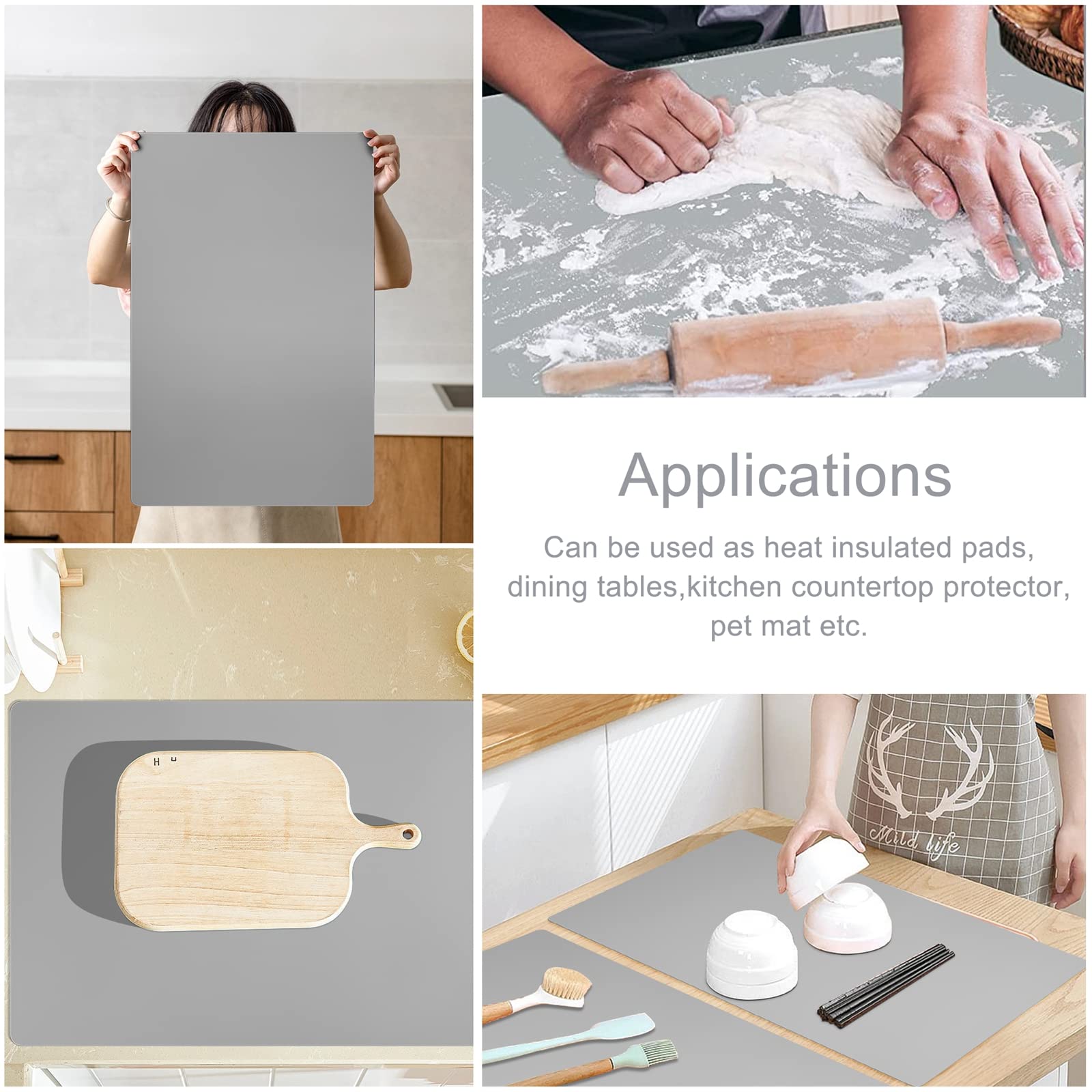 Silicone Mats for Kitchen Counter, Heat Resistant Mats for Countertop Protector, Waterproof, Washable, Non Slip, Multipurpose, Microwave, Cooking XL Large Silicone Mat, 23 x 15in, 1mm, Set of 2, Grey