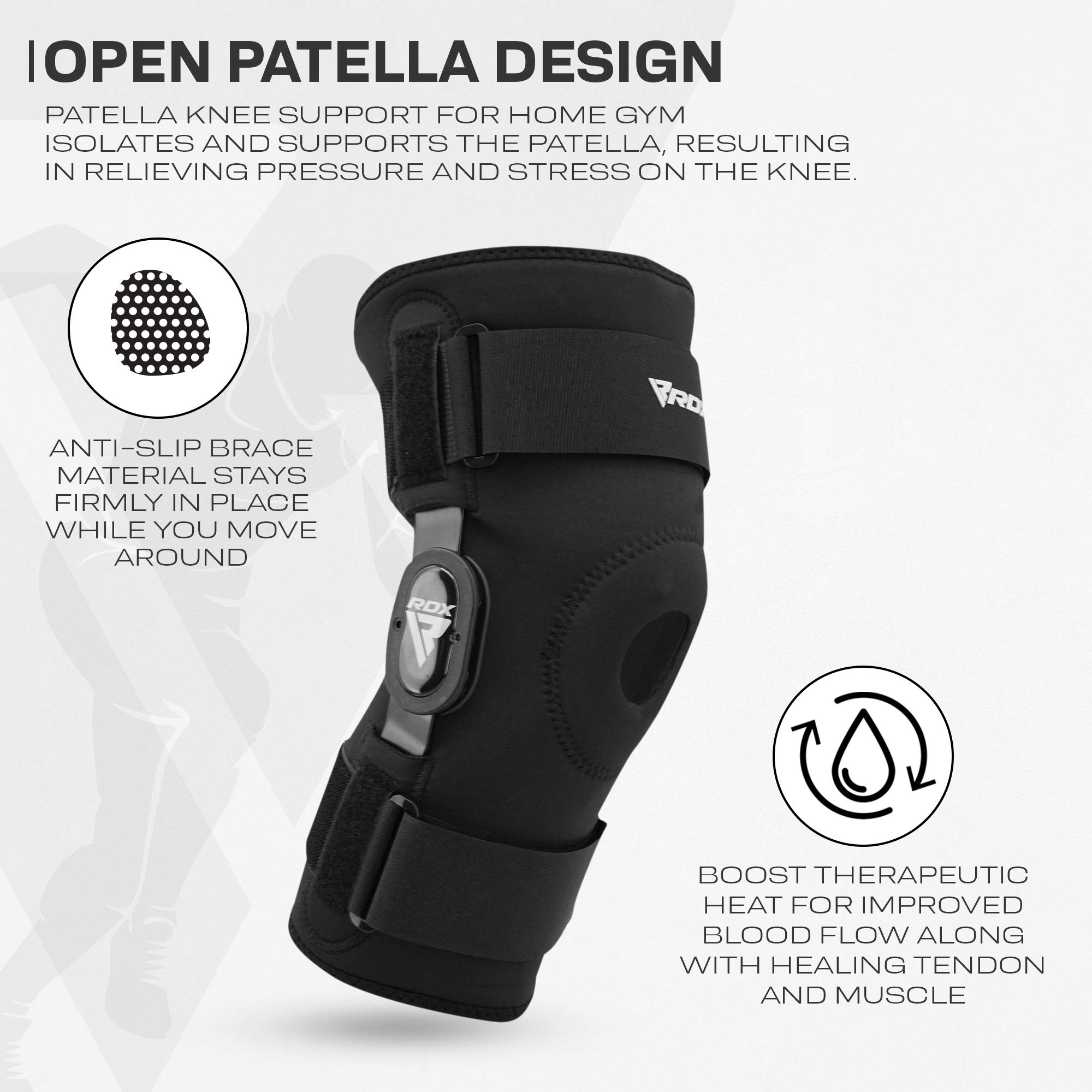 RDX Knee Support Brace, Open Patella Nylon Elasticated Compression Sleeve Pad with Adjustable Straps for Running Sports. Sold as Single Item