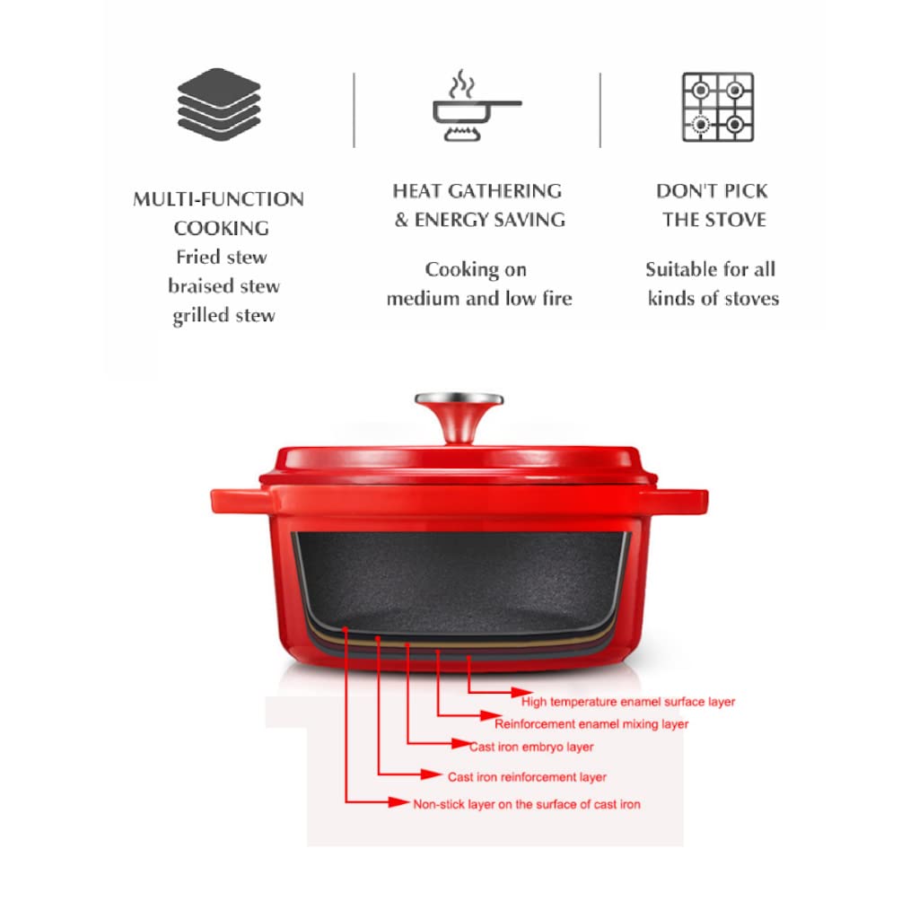 RikoTech 4 Quart Enamel Pan Cast Iron Dutch-ovens Stewpan Casting Cookware with Steamer Thermo Pot Big Cooking Pot for Kitchen Red