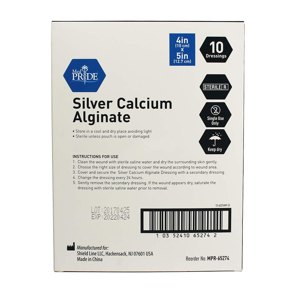 MED PRIDE Silver Calcium Alginate 4" x 5" Wound Dressing Pads| 10-Pack, Antimicrobial, Non-Stick Padding, Sterile, Highly Absorbent & Comfortable|