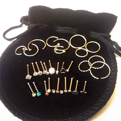 N/D 20G 30Pcs Nose Ring, CZ L Bone Screw Shape Nose Studs, Stainless Steel Body Piercing Jewelry, Women Men Silver Tone
