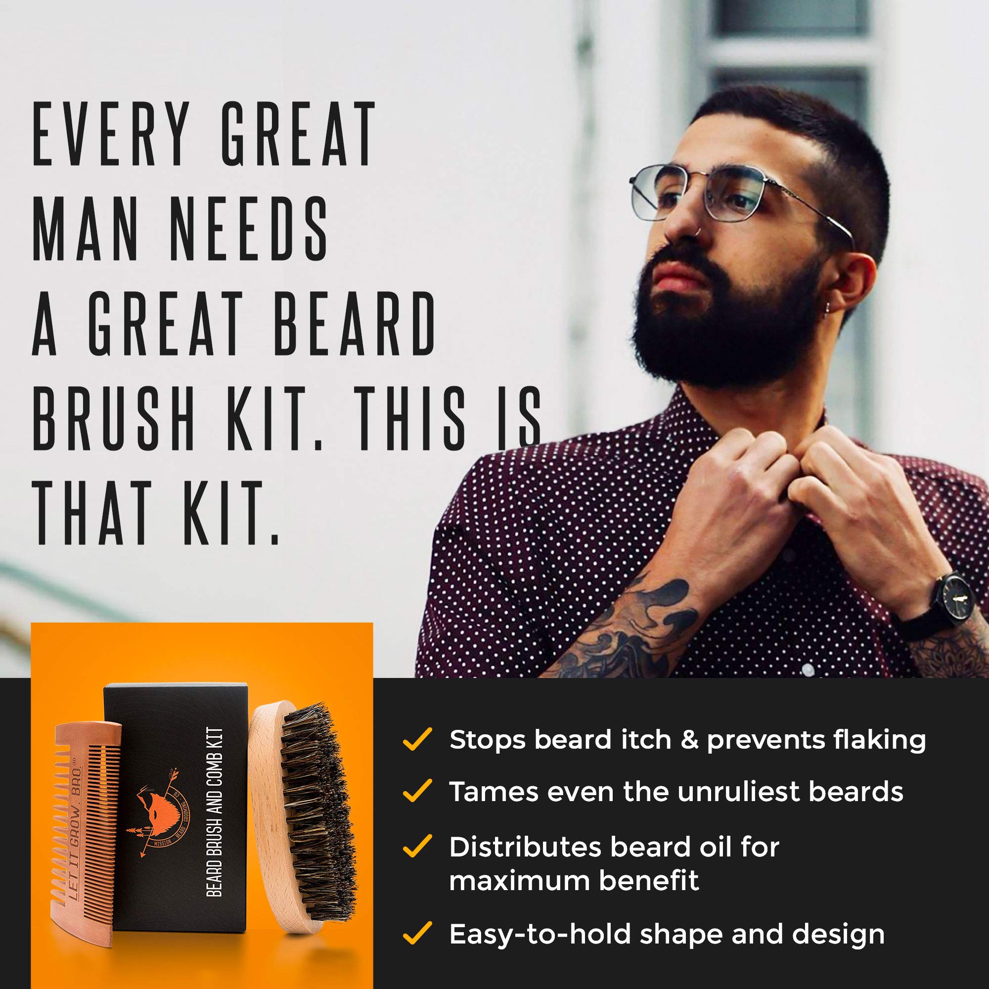MISSION BEARD GROOMING CO. 100% Boar Bristle Beard Brush & Comb Set - Exfoliates Skin, Tames The Wildest Beards & Promotes Beard Growth