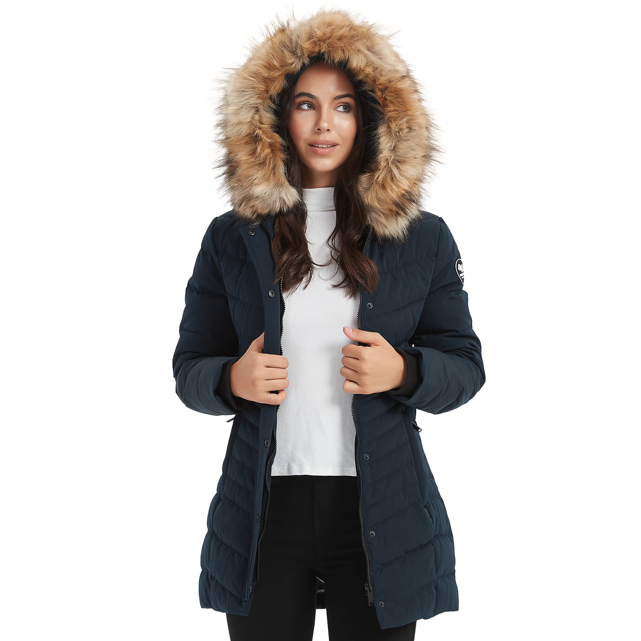 Molemsx Down Coat For Women, Women's Warm Winter Parka Down Coats with Removable Fur Hood Puffer Jacket Shell Snowboarding Coats for Cold Weather Navy M-Regular