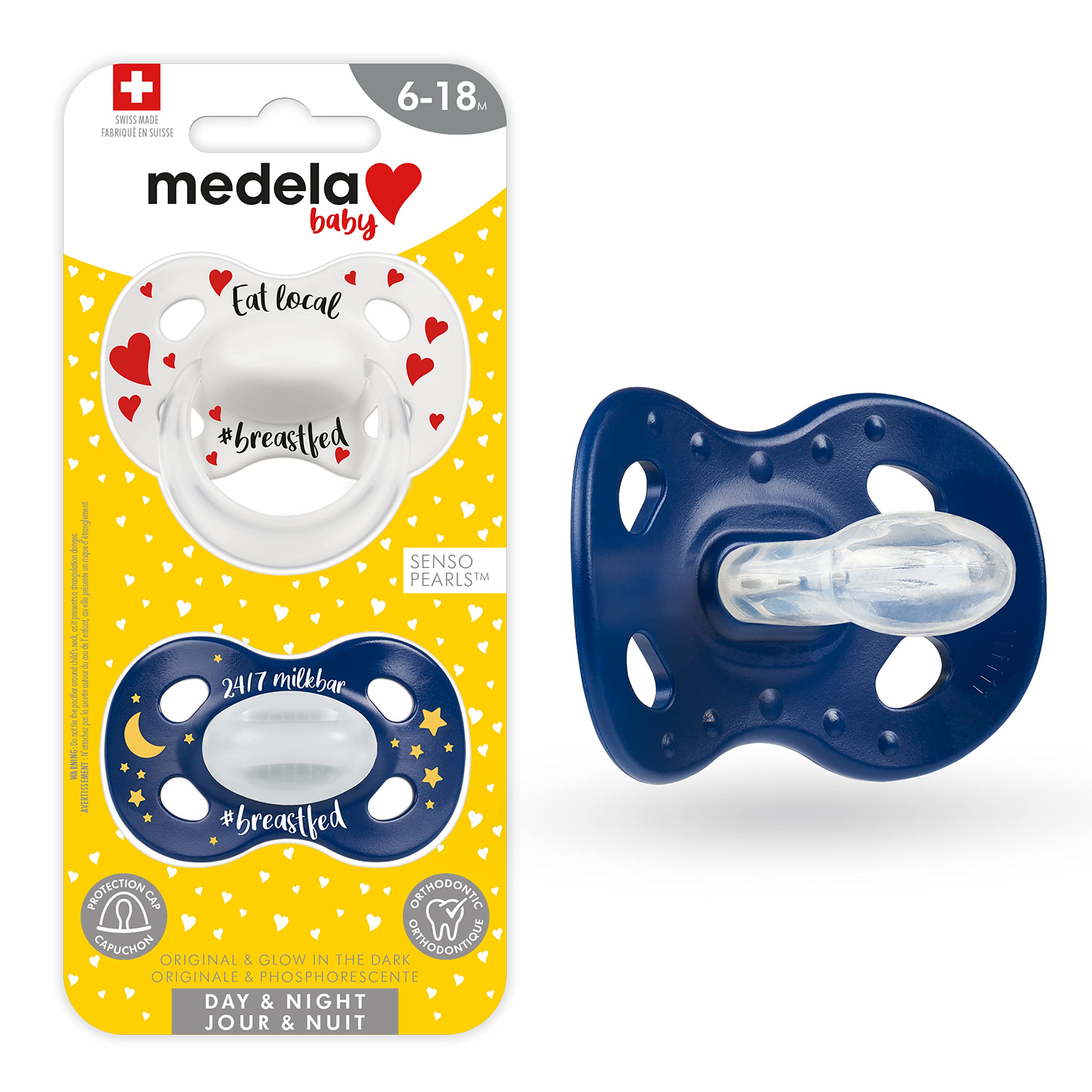Medela Baby Pacifier | Day and Night Glow in The Dark | 6-18 Months | 2-Pack, Lightweight | BPA-Free | Supports Natural Suckling | Eat Local and 24/7 Milkbar