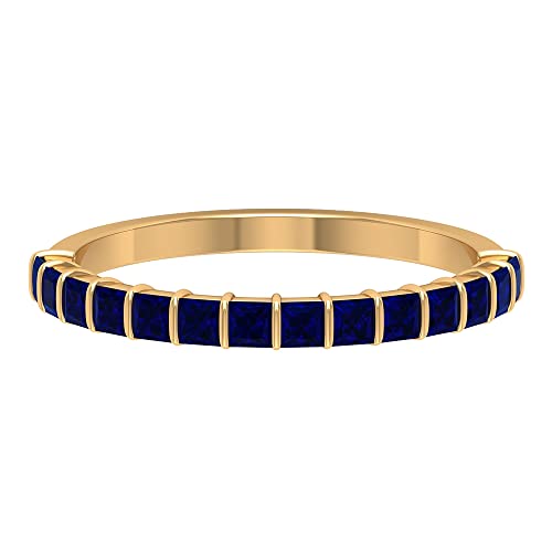 Rosec Jewels Certified Sapphire Half Eternity Band, AAA Quality, Natural Blue Sapphire Princess Cut Wedding Ring - Ready to Gift, 14K Yellow Gold, Size:US 10.00