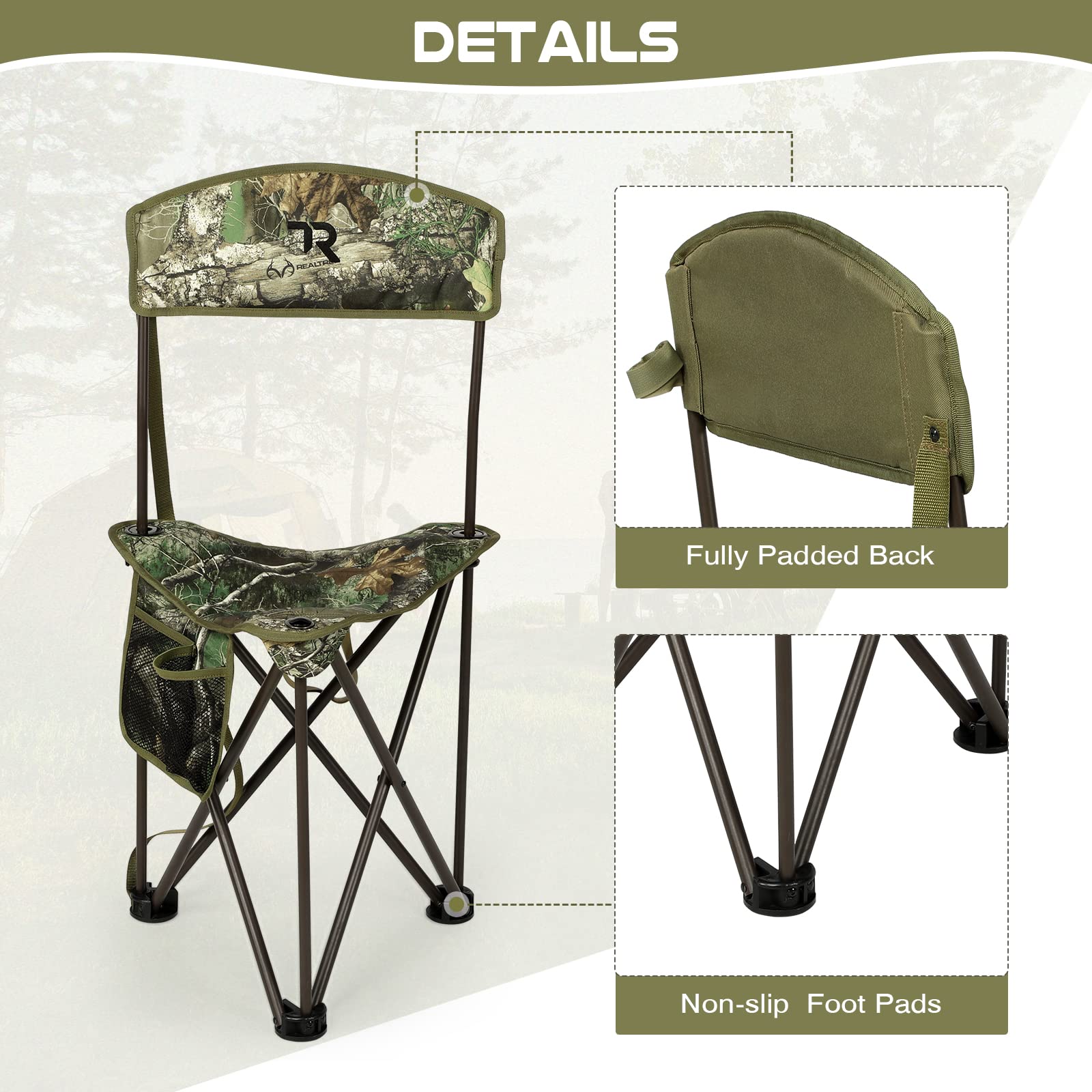TR Tall Camping Stool Lightweight Portable Tripod Chair with Backrest Folding Tripod Stool for Adults Camping Fishing Hunting with Carry Strap