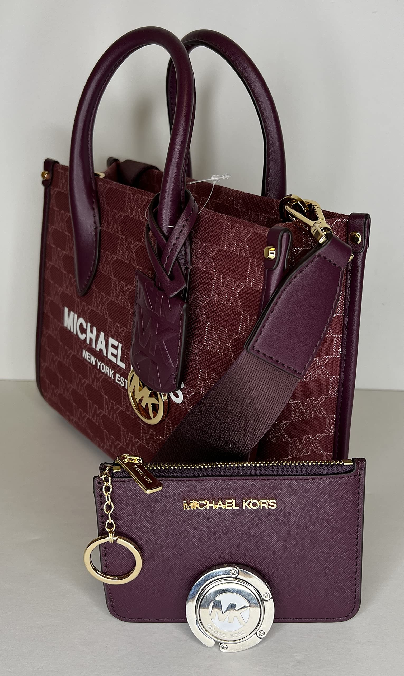 Michael Kors Mirella Small Shopper Top Zip Bag Bundled SM TZ Coinpouch Purse Hook (Mulberry Logo/Bordeaux)