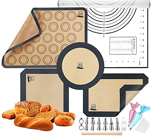 Silicone Baking Mat Set Rolling Pin Non Stick Dough Baking Sheet Pastry Mat Set for Cookie Macaroon Pizza Heat Resistant Non Slip Silicone Food Grade Sheets Mats Reusable Food Safe Liners