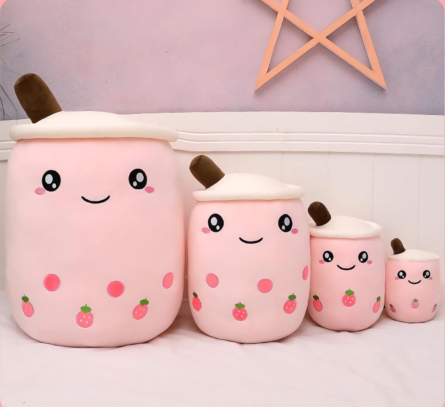 PonPom Cute Bubble Tea Plushie,Soft Stuffed Milk Tea Plush Pillow Gift for Kids Girls Boys (Pink Round, 9.4 inches)