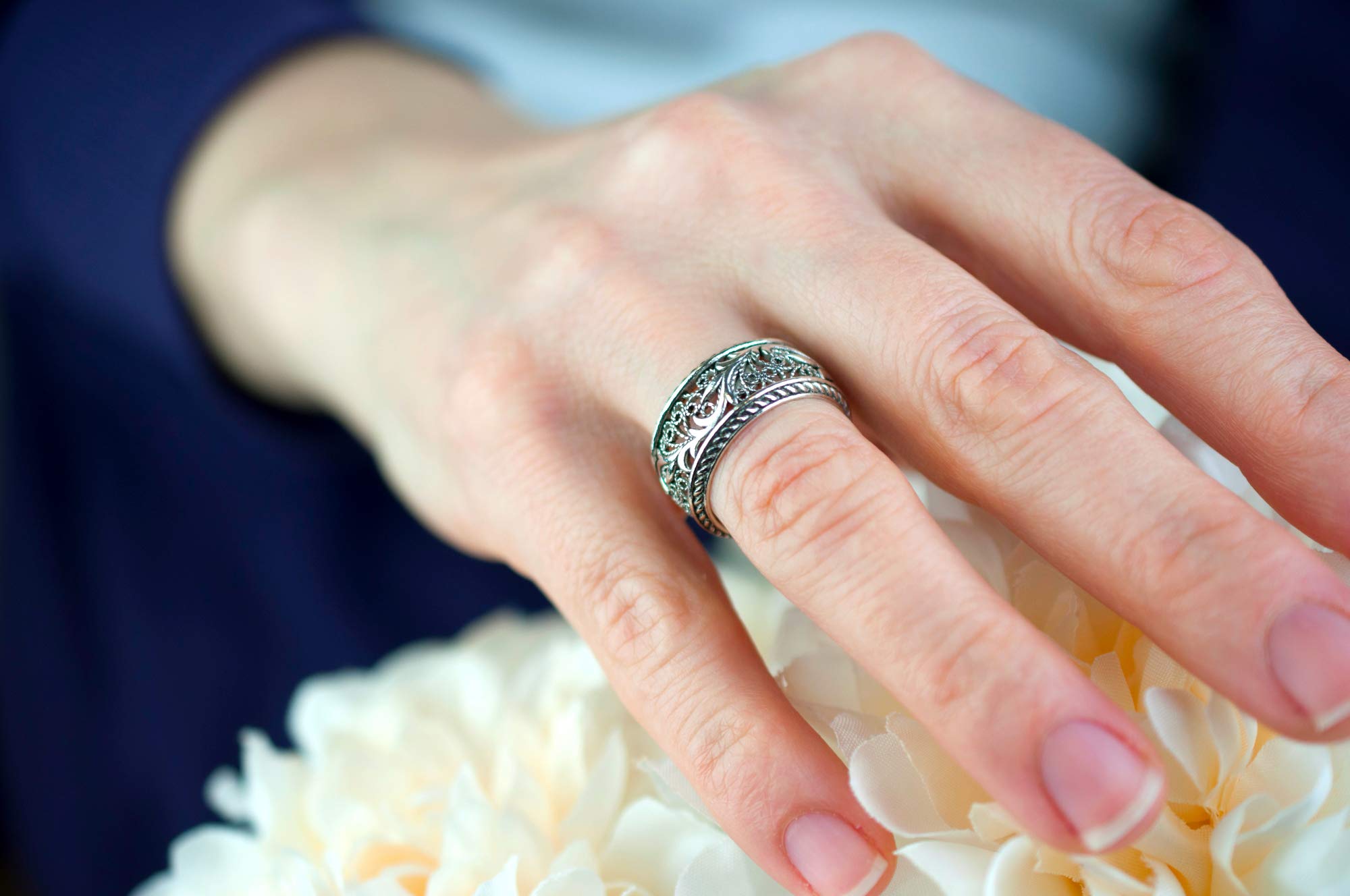 Ottoman Silver Collection 925 Sterling Silver Gold Accented Oxidized Eternal Paisley Figured White Statement Unisex Band Ring for You and Your Precious (Size 5-12) (oxidized-Silver, 11)