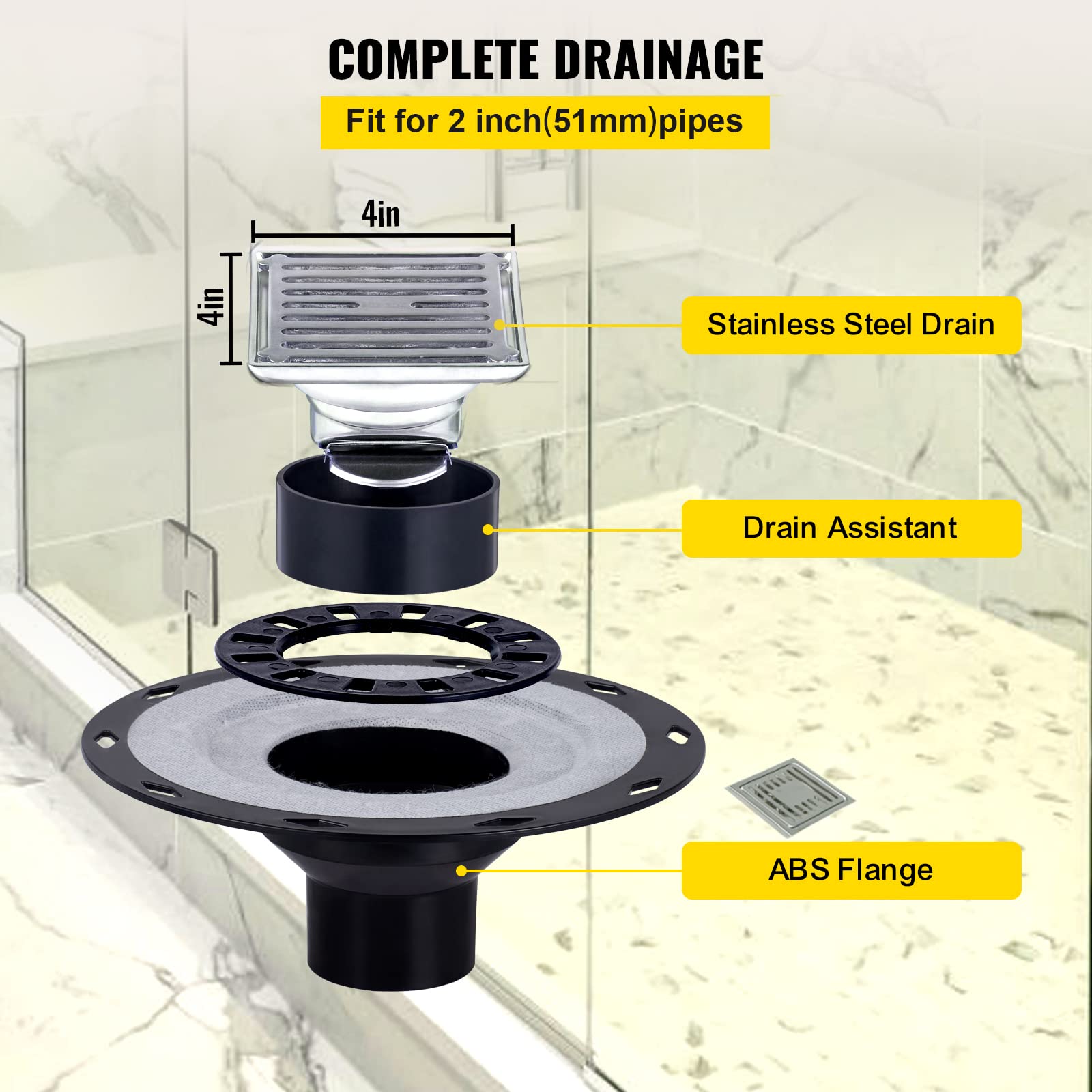 VEVOR Shower Curb Kit, 48"x48" Watertight Shower Curb Overlay with 4" ABS Central Bonding Flange, 4" Stainless Steel Grate, 2 Cuttable Shower Curb and Trowel, Shower Pan Slope Sticks Fit for Bathroom