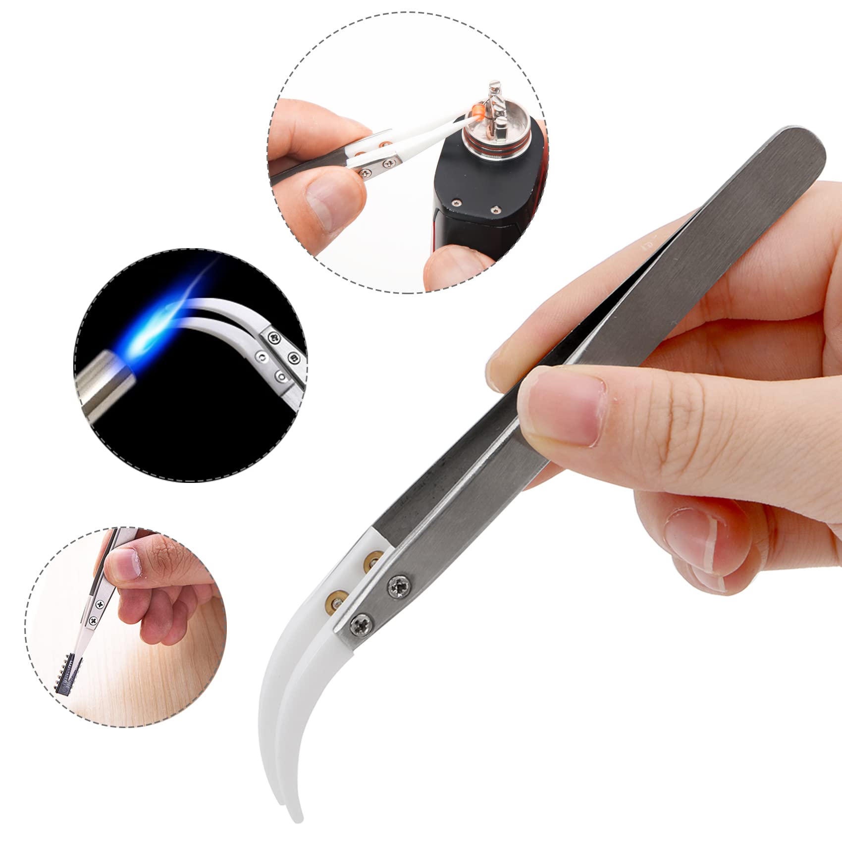 Muye 3Pcs Silver Ceramic Tweezers Non-Conductive Heat Resistant Tweezers Straight, Small Curved, Large Curved Tip Anti-Static Electronic Tweezers for Precision Parts