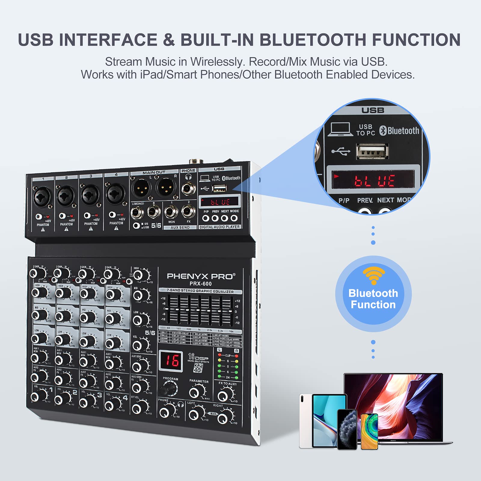 Professional DJ Audio Mixer, Phenyx Pro Sound Mixer, 6-Channel Sound Board Mixer Audio w/Bluetooth & USB Audio Interface, Stereo Equalizer, 16 DSP Effects, 3-Band EQ, For Studio & Stage (PRX-600)