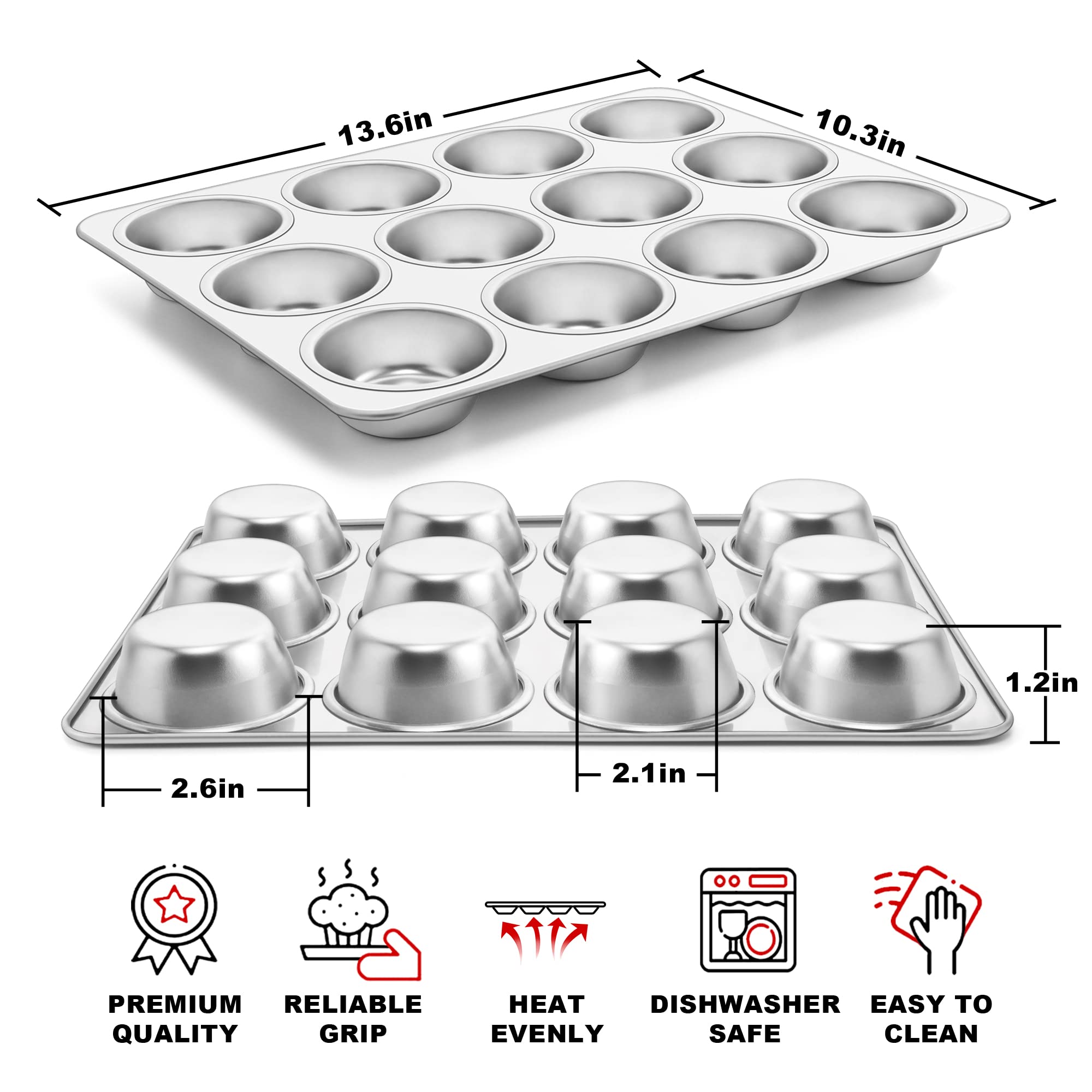 TeamFar 12-Cup Muffin Pan, Stainless Steel Cupcake Pans Muffin Tin Set for Oven Baking Mini Brownies Quiches Tarts, Non Toxic & Regular Size, Dishwasher Safe β Set of 2
