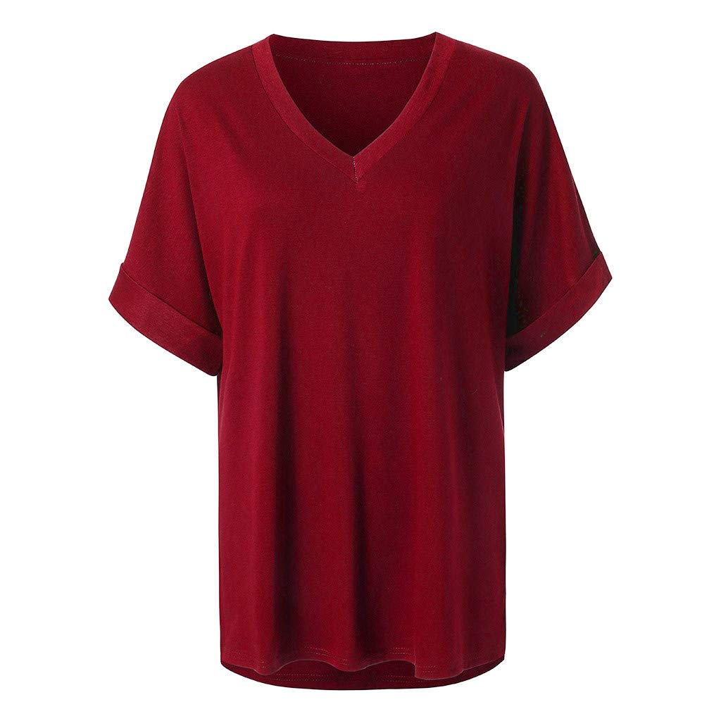 Muicook Women's V Neck T Shirt Rolled Sleeve Side Split Tunic Tops Summer Loose Casual Tops(Large,WineRed )