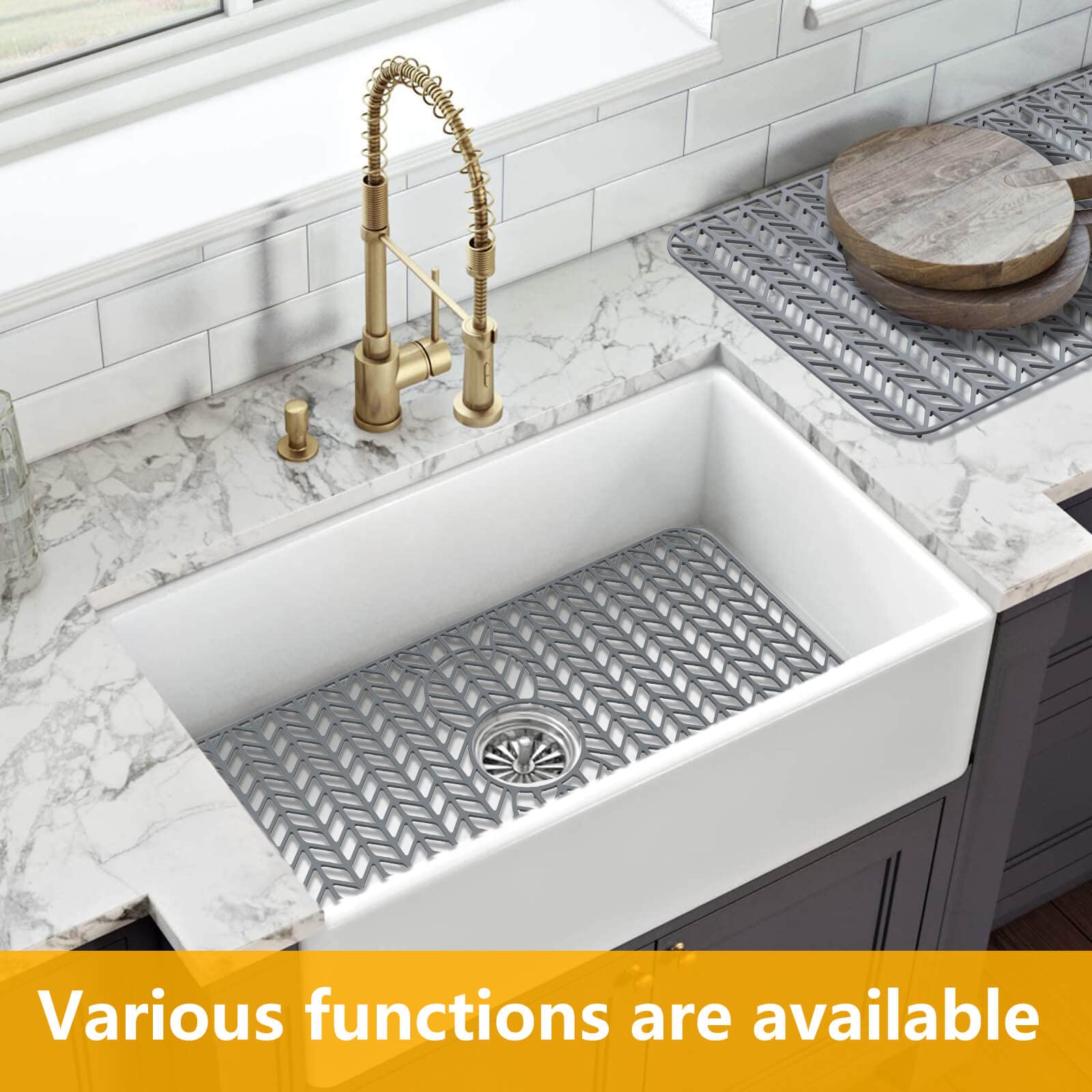Silicone Sink Mat Protectors for Kitchen 29.5‘’×15‘’ JOOKKI Kitchen Sink Protector Grid for Farmhouse Stainless Steel Accessory with Reserved hole