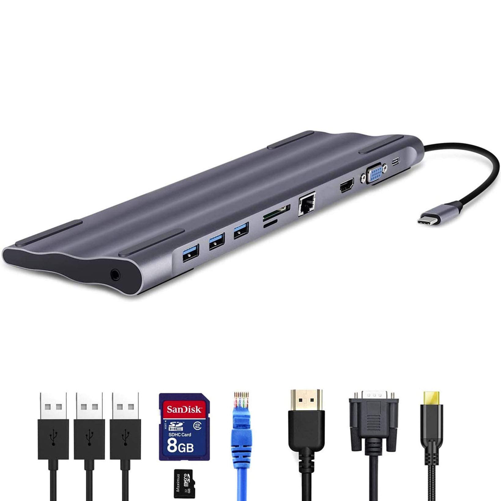 USB C Hub, 10 in 1 Multiport Type C Adapter, 4K HDMI, VGA, RJ45 Gigabit Ethernet, Type C Fast Charging PD, 3 USB 3.0, 3.5mm Audio, SD/TF Card Reader for MacBook Pro, iPad PRO, Mac, Laptops