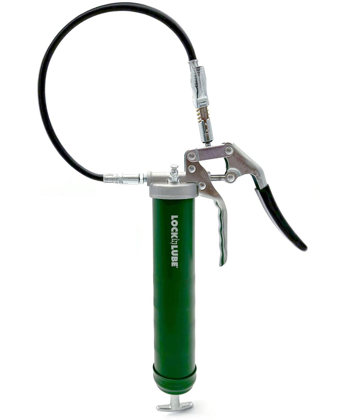 LockNLube Heavy-Duty Pistol Grip Grease Gun. Includes our patented LockNLubeĀ® Grease Coupler (Locks On, Stays On, Won't Leak!) plus a high-quality 20" hose and in-line hose swivel