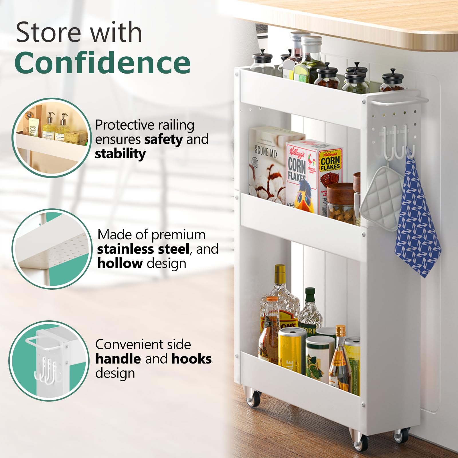 OKZEST Rolling Slim Storage Cart, 3-Tier Narrow Utility Kitchen Cart on Wheels, Metal Narrow Storage Cabinet Organizer Cart for Small Spaces in Laundry Room, Kitchen, Bathroom - 5-Inch Width