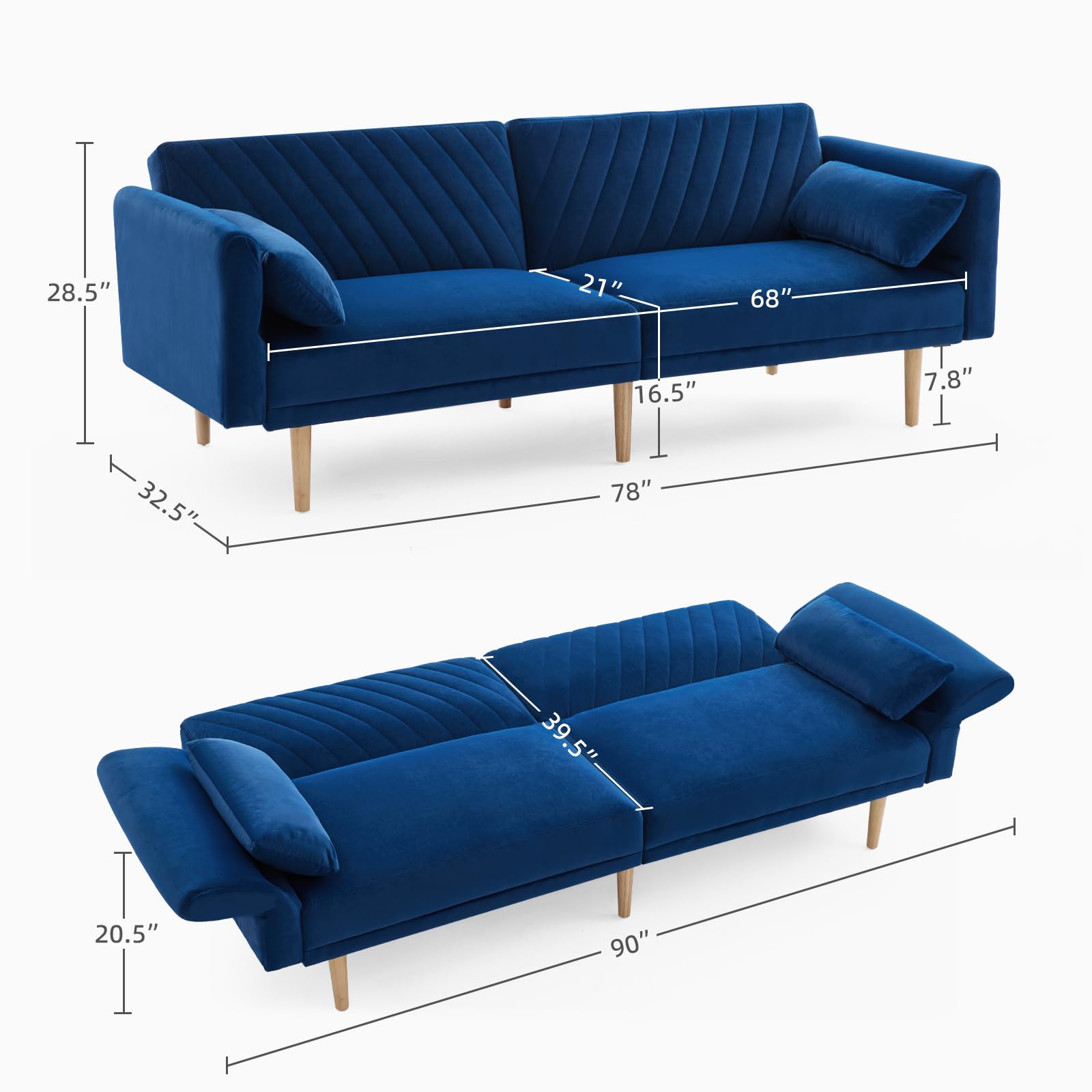 WILLOVE 78'' Velvet Futon Sofa Bed, Convertible Sleeper Bed with Adjustable Armrests and Backrest, Loveseat Sleeper Sofa with 2 Pillows, Modern Futon Couches for Living Room, Blue