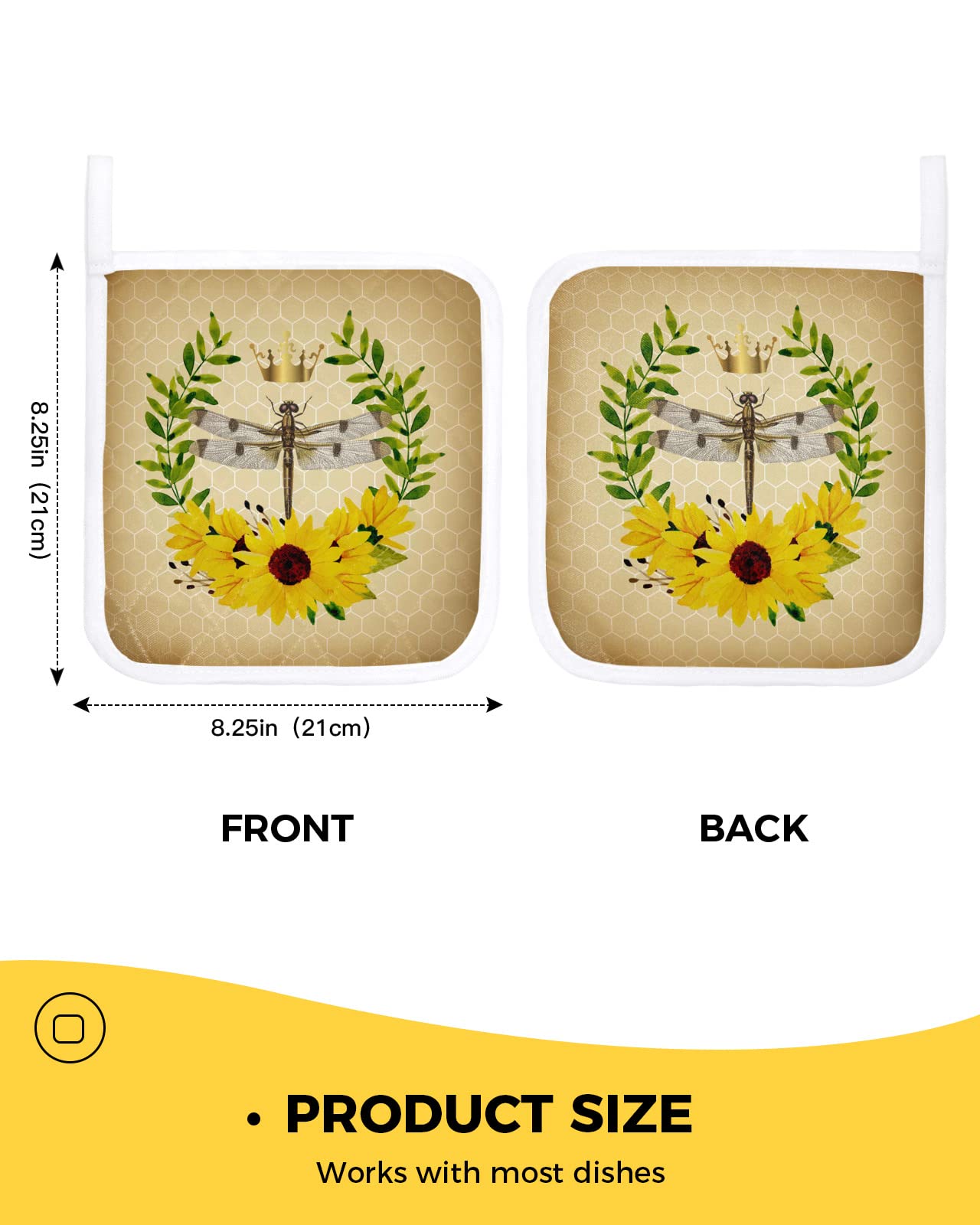Pot Holder Set of 2 Dragonfly and Crown Sunflower Wreath Potholder Heat Proof Non-Slip Pot Holders,Yellow Honeycomb Hot Pads Potholders for Kitchen Cooking Baking BBQ