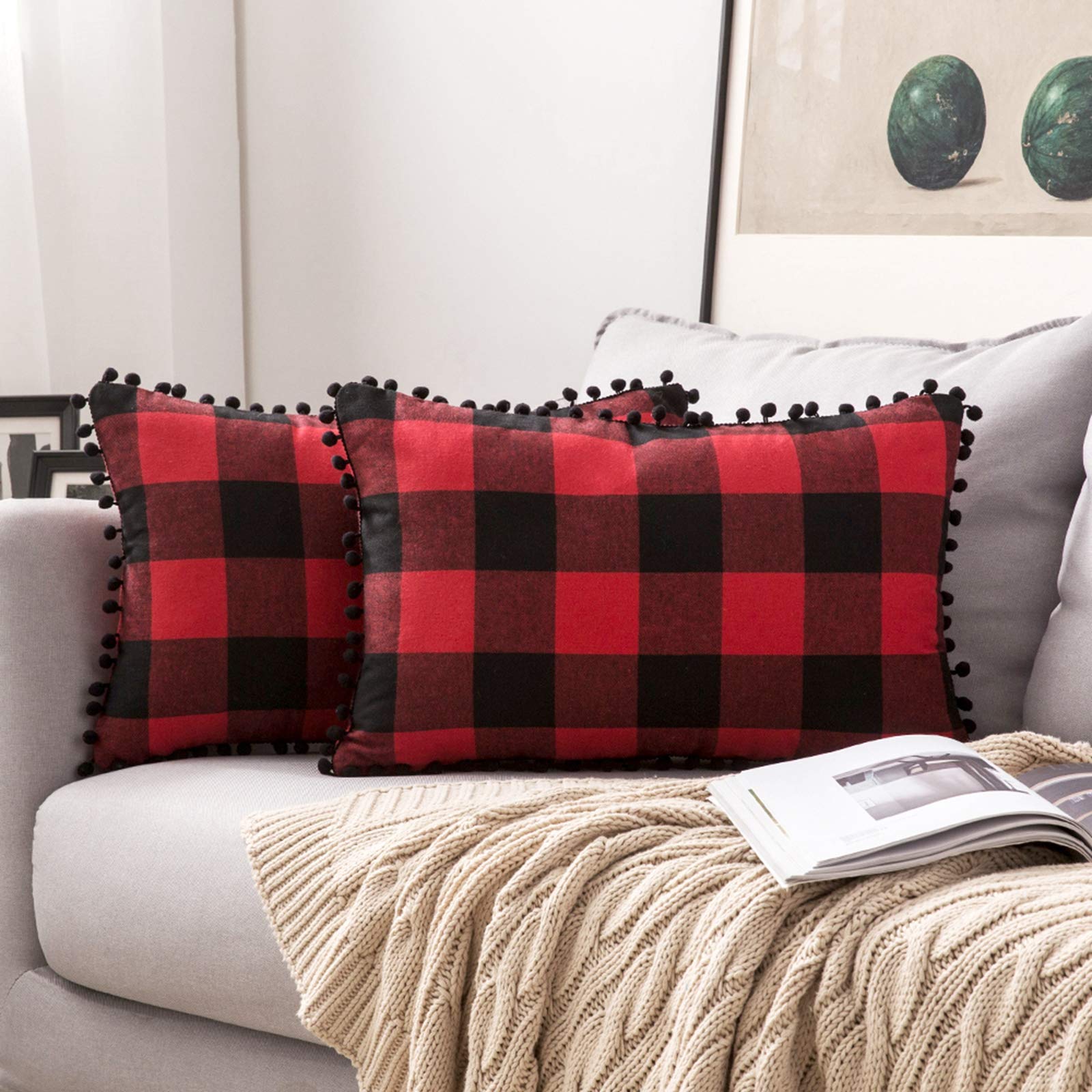 MIULEE Retro Plaid Pillow Covers Farmhouse Buffalo Check Pillow Cases with Pom-poms Decorative Throw Pillow Covers Set of 2 for Sofa Couch 20x20 Inch Red and White