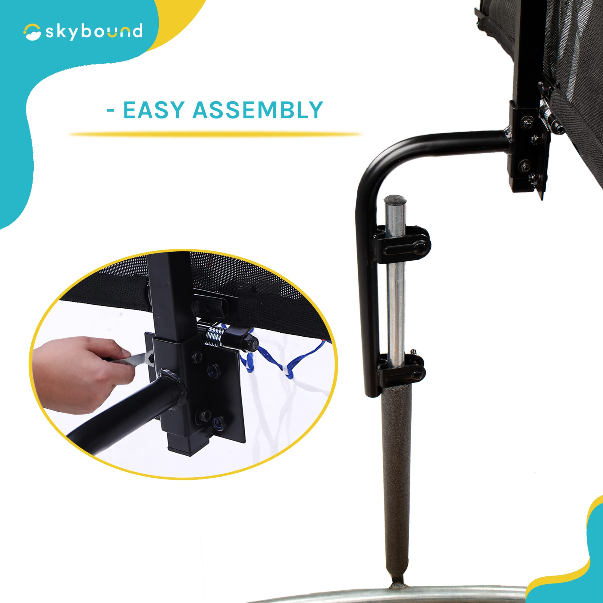 SkyBound Trampoline Basketball Hoop Attachment with Mini Basketball and Pump - Compatible with All Trampolines - Fits for Straight Pole - Safety Hardware - Easy to Assemble
