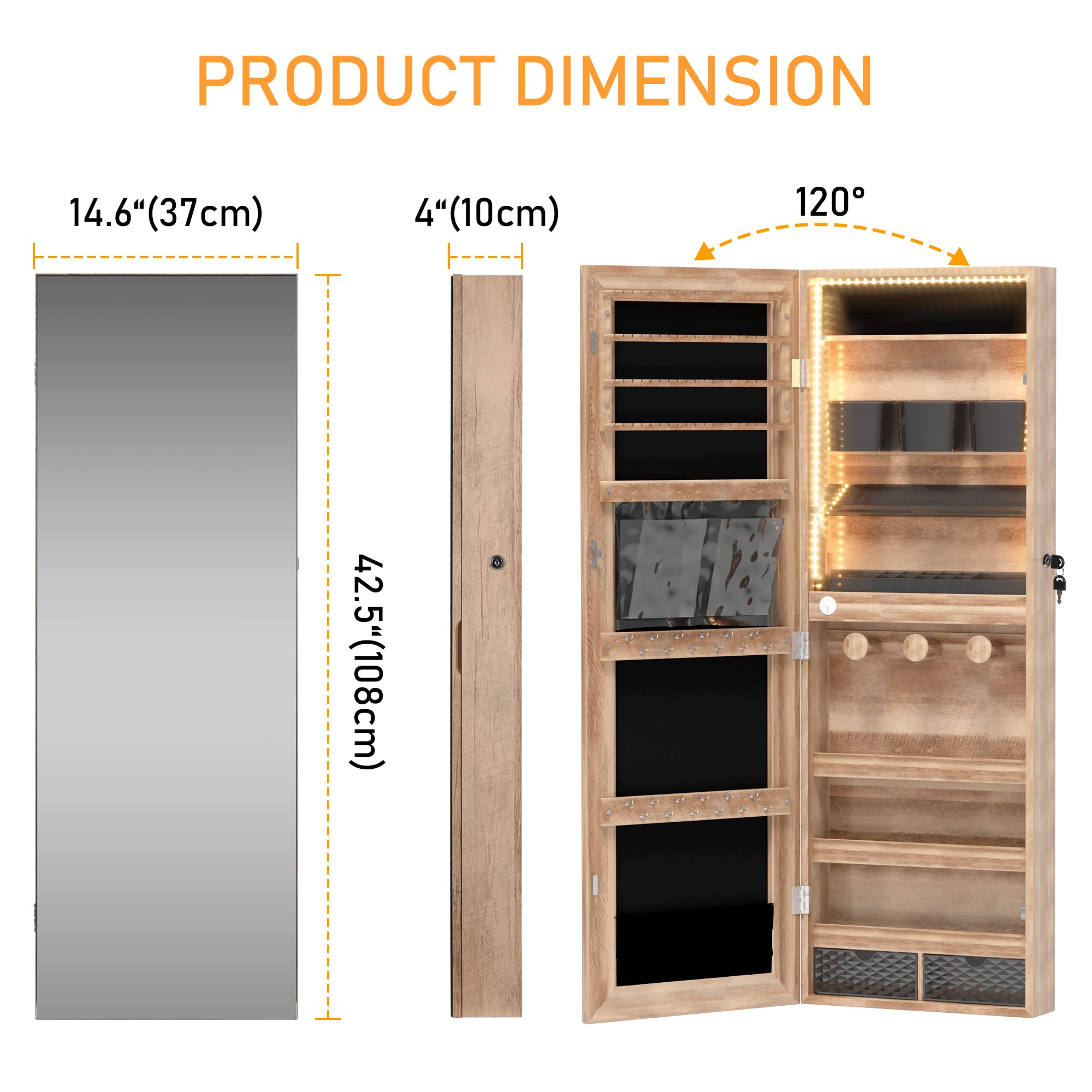 LVSOMT 3 LEDs Mirror with Jewelry Storage, Hanging Jewelry Organizer Mirror, Wall Mount Full Length Mirror Jewelry Cabinet with Inner Makeup Mirror, Updately Light Strips, White