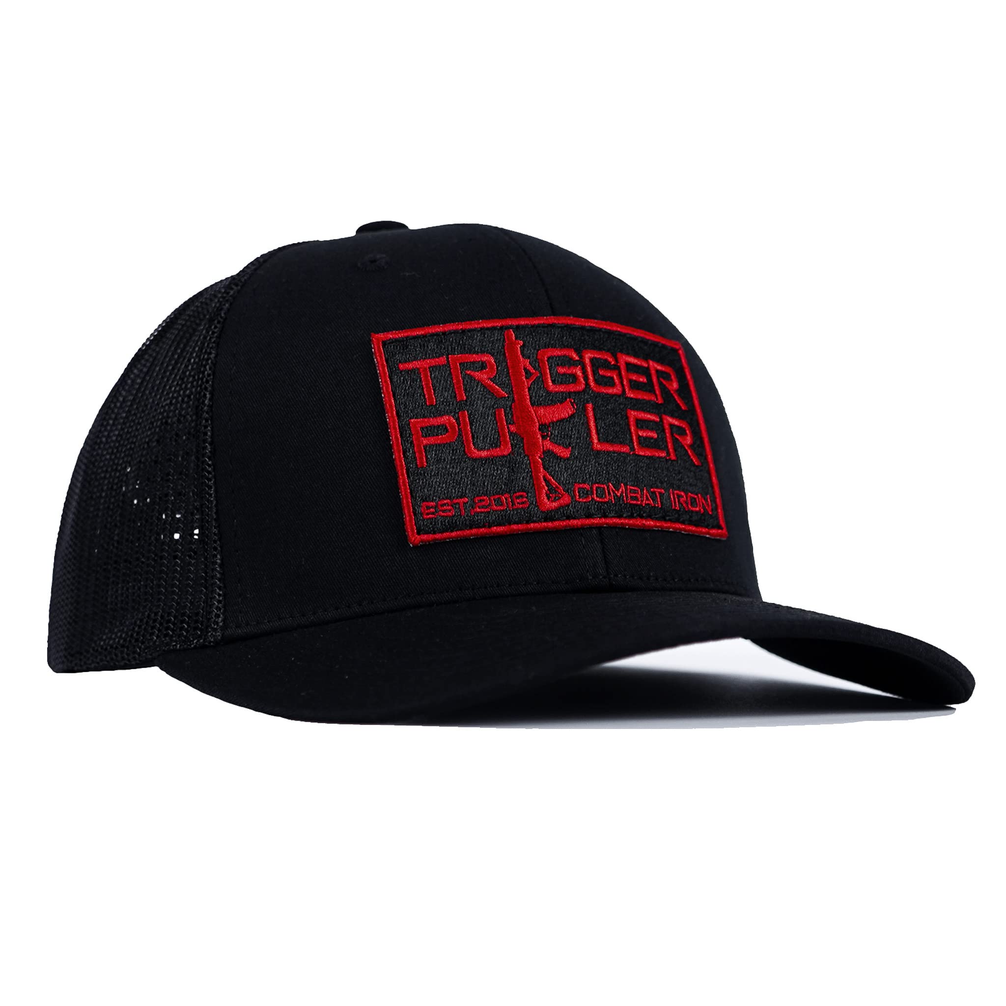 Trigger Puller Red Patch Mid-Profile Mesh Snapback Baseball Cap (Black/Black)
