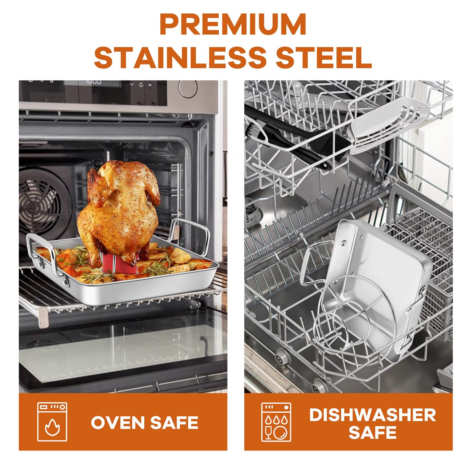 Square Roasting Pan with Beer Can Chicken Holder, Joyfair 9-in Stainless Steel Roaster Baking Pans & Racks for BBQ Grilling/Home Cooking, Heavy Duty & Dishwasher Safe - (2 Pans + 2 Racks, More Tools)