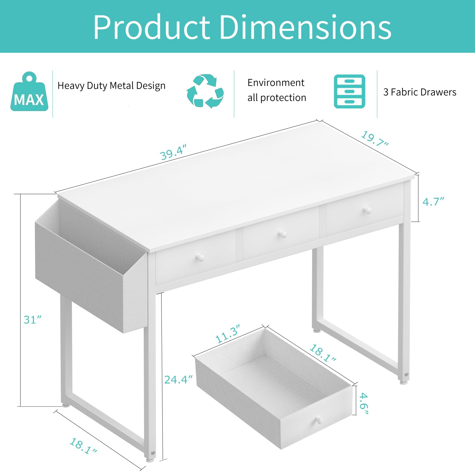 Lufeiya Small White Computer Desk with Fabric Drawers for Home Office Bedroom, 40 Inch Vanity Desk with Drawer Storage and Side Pouch, Study Writing Table, White