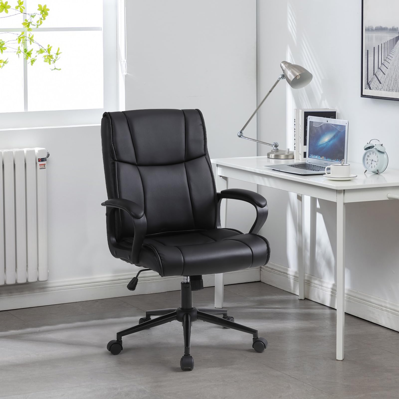 Nusetx Executive Office Chair, High Back Home Office Desk Chair, Swivel PU Leather Computer Chair with Padded Arms, Adjustable Height and Lumbar Support, Black
