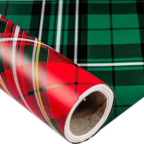 LeZakaa Reversible Christmas Wrapping Paper - Jumbo Roll - Green & Red Plaid - 24 inches x 100 Feet (200 sq.ft.)