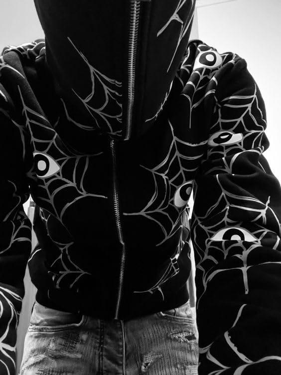 Y2K Women Men Vintage Full Zip Up Hoodies Skeleton Spider Web Graphic Rhinestone Sweatshirt Oversized Grunge Jackets