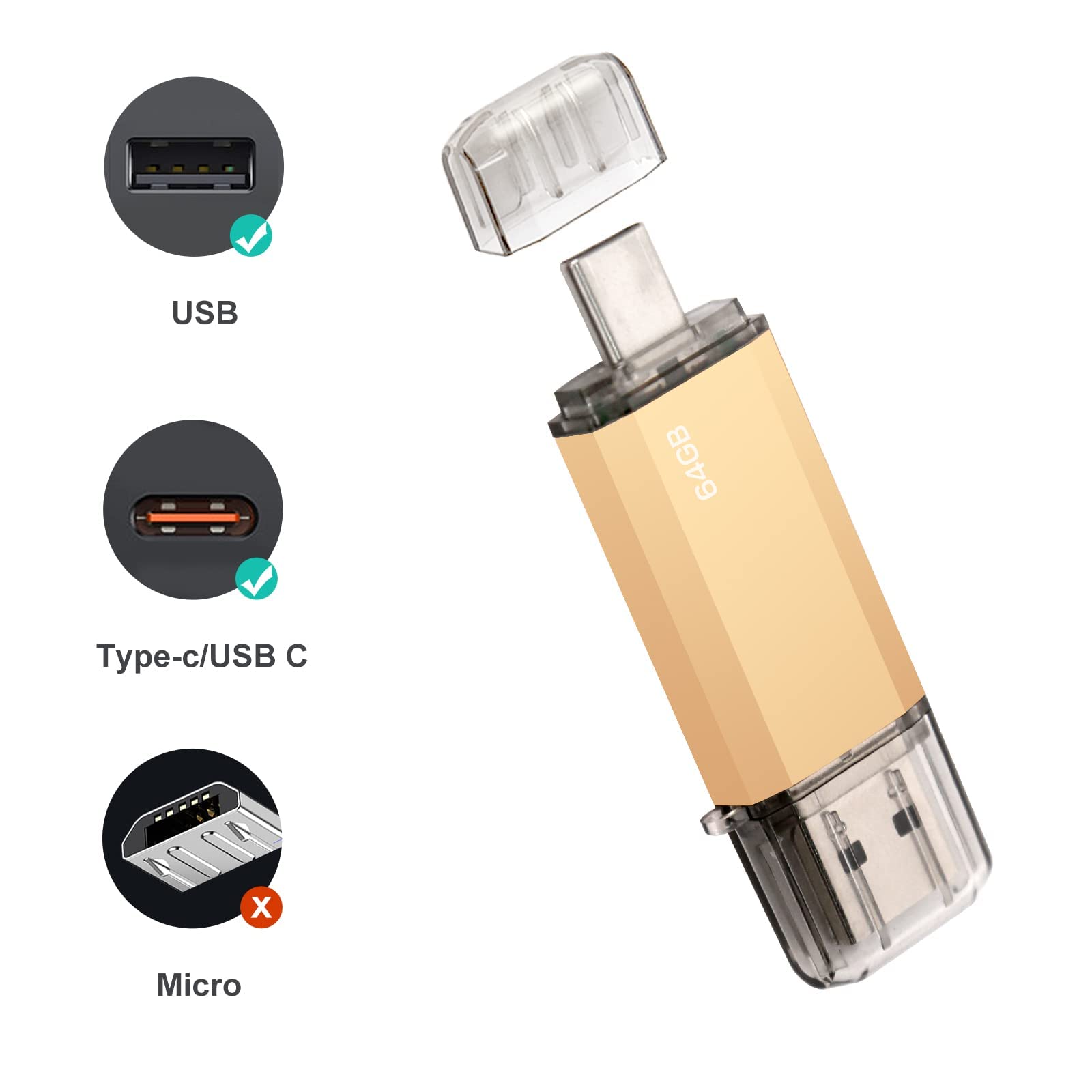 USB Drive Type C 64GB, 2 in 1 USB 2.0 Flash Drive, Ersynke 64GB USB Thumb Drive for PC/Tablet/Laptop/Compatible with Xiaomi/Oneplus/Huawei etc. Smartphones with Type C