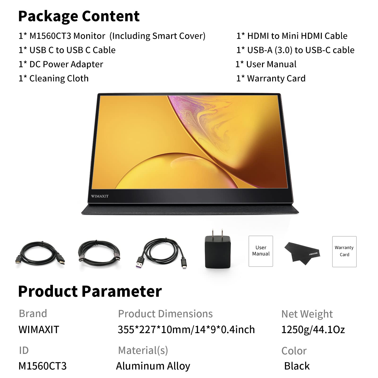 WIMAXIT Portable Monitor 15.6inch Compatible for MacBook Macos,Windows OS Touch Functions HDR IPS Non-Glare Laptop PC Monitor