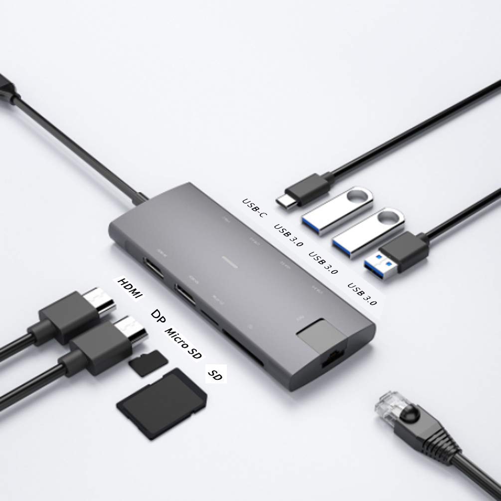 USB C Hub, 9 in 1 USB C Adapter with 4K HDMI, RJ45 Gigabit Ethernet Port, Mini DP DisplayPort, 3 USB 3.0 Ports, SD/Micro SD Card Reader, Type C PD, for MacBook PRO/Air, iPad PRO and More
