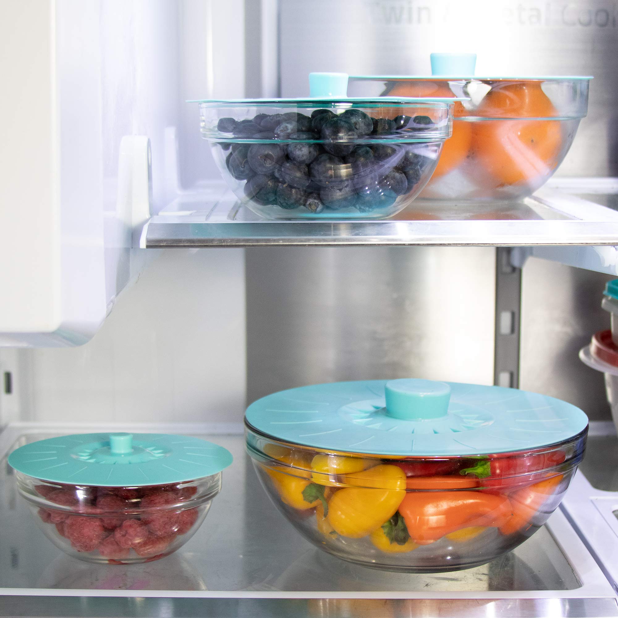 Silicone Lids Extra Large Teal Set of 6 Sturdy Suction Seal Covers. Universal fit for Pots, Fry Pans, Cups, and Bowls 5" to 12". Natural grip handles interlock for easy use and storage. Food Safe.