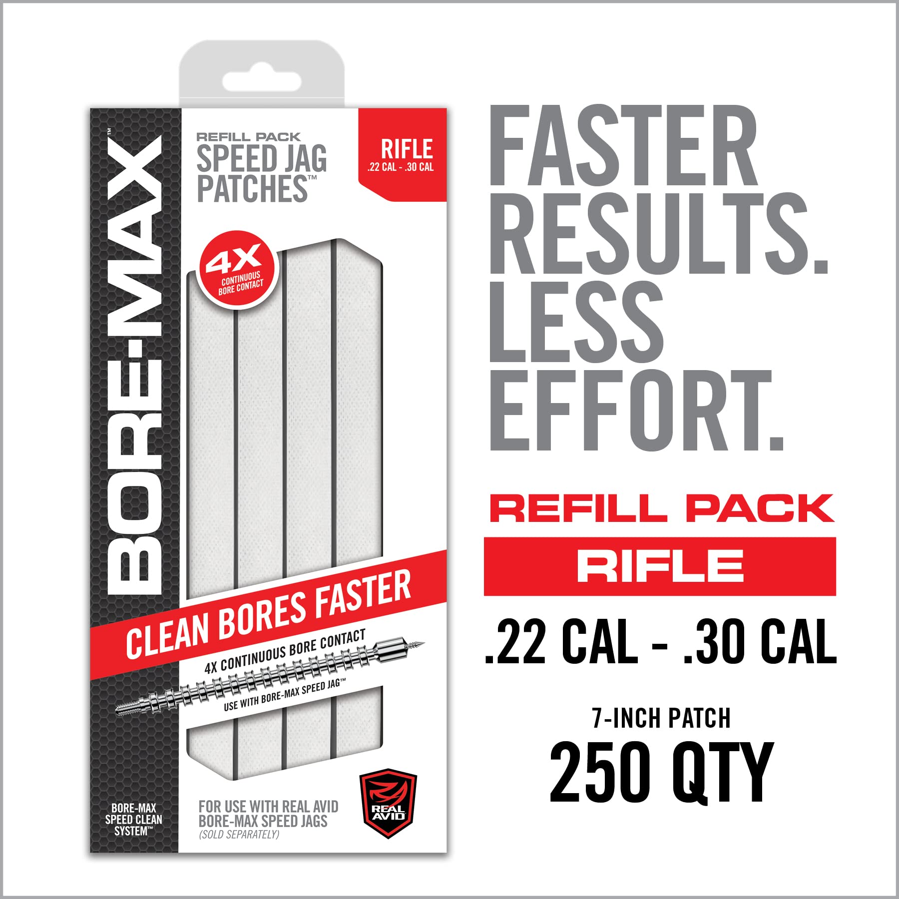 Real Avid Bore-Max Speed Patches Refill Pack, Gun Cleaning Supplies, Pistol/Rifle Cleaning Patches, 250-Count (Rifle .22cal - .30cal (8")),white