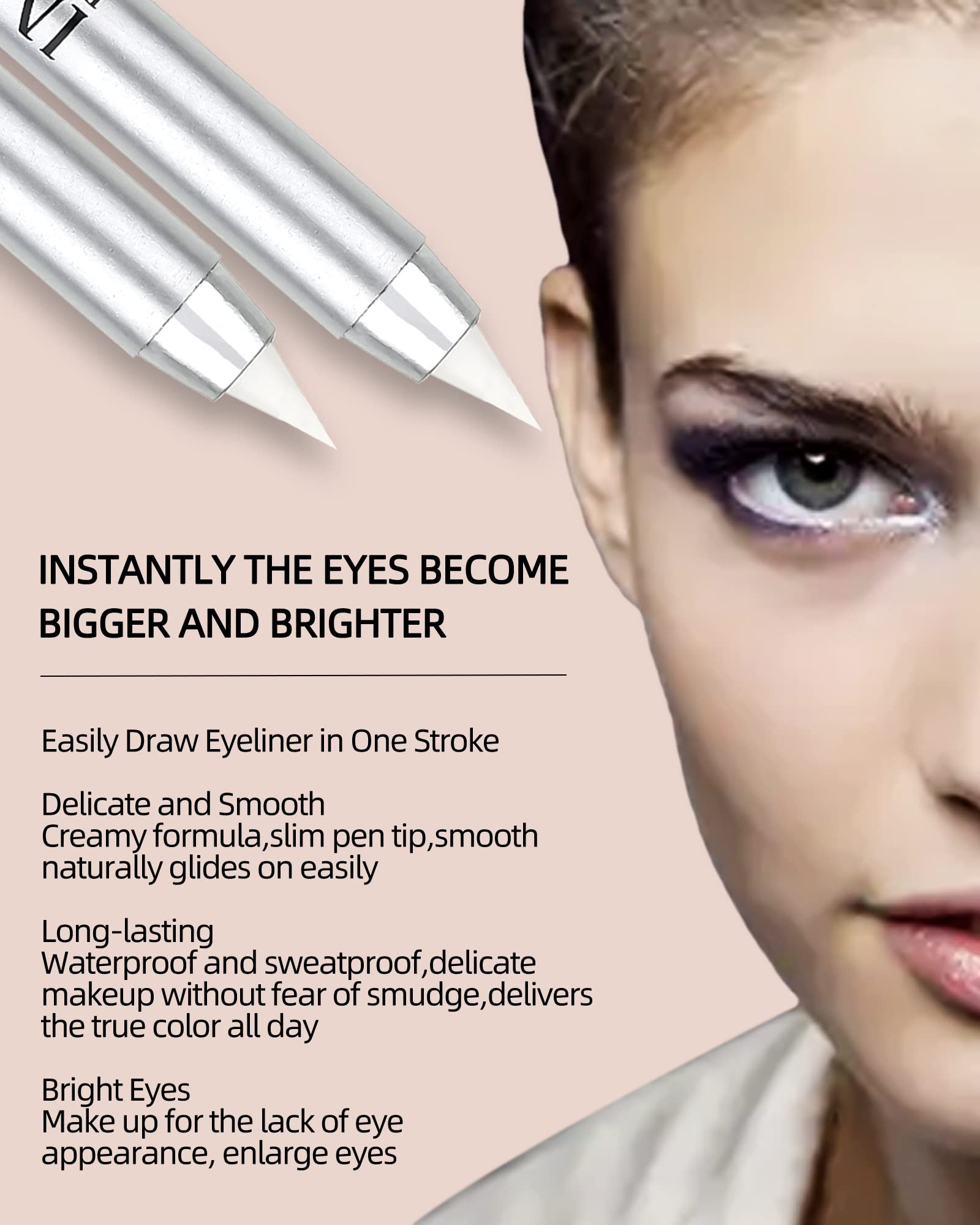 White Waterproof Gel Eyeliner Pens, Highlighter Eye Liner Pencil, Matte Long Lasting Super Smooth formula White Eye Liner Eyeshadow Makeup Pen, Polished White Luster, with Pencil Sharpener-1Pcs