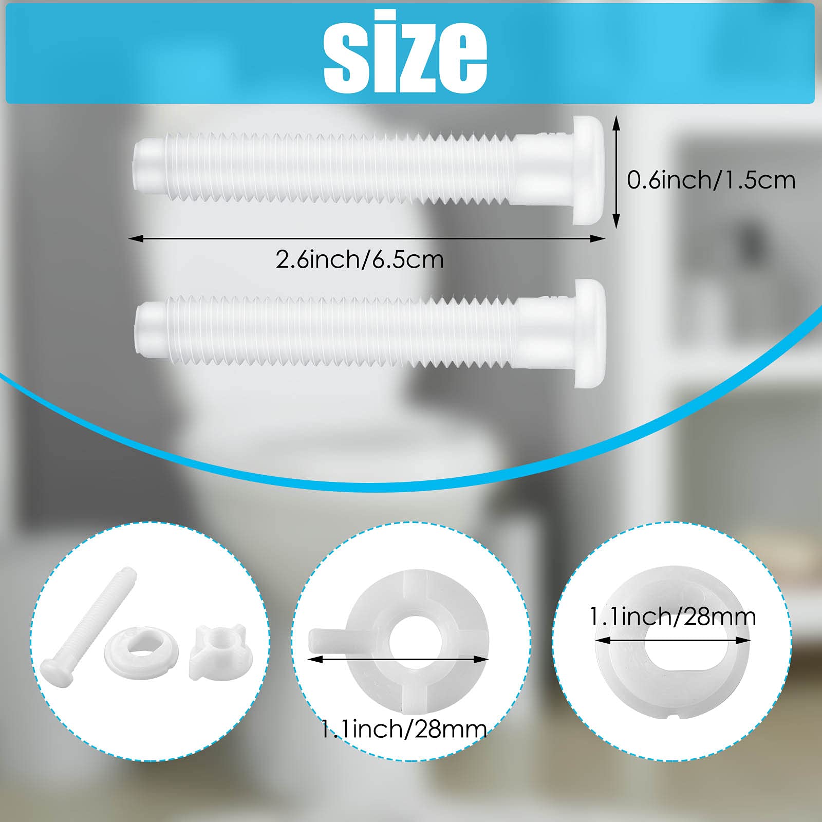 Toilet Seat Screws Replacement Plastic Toilet Seat Hinge Bolt Screws with Plastic Nuts and Washers Parts Kit for Fixing the Top Toilet Seat, White (2 Pieces)
