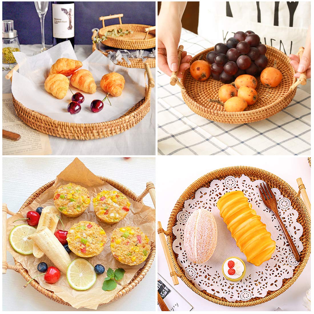 Rattan Round Serving Tray, 2 Size Hand-Woven Rattan Tray Serving Tray with Handles, Wicker Tray Basket Tray for Bread Fruit Food Coffee Breakfast Display