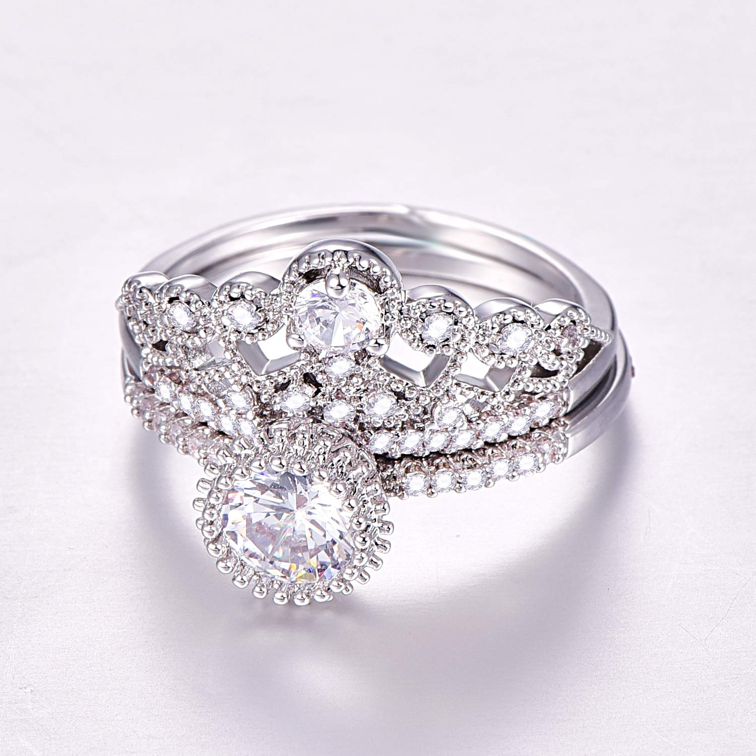 Narica Silver Plated Round Cut Created White Topaz CZ Cubic Zirconia Filled Halo Wedding Engagement Crown Ring 2PCS Women's Band Set for Mom Lover Gift 8#