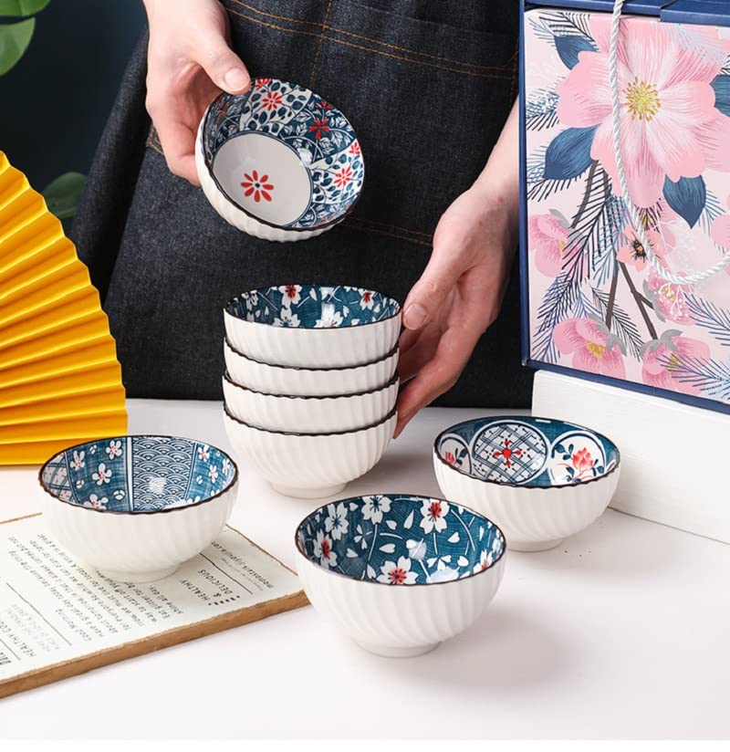 RYUHYF ceramic bowl, Japanese rice bowl, with gift box. 10 oz thick blue and white porcelain bowl, kitchen cereal bowl, dessert bowl (Two bowls set)