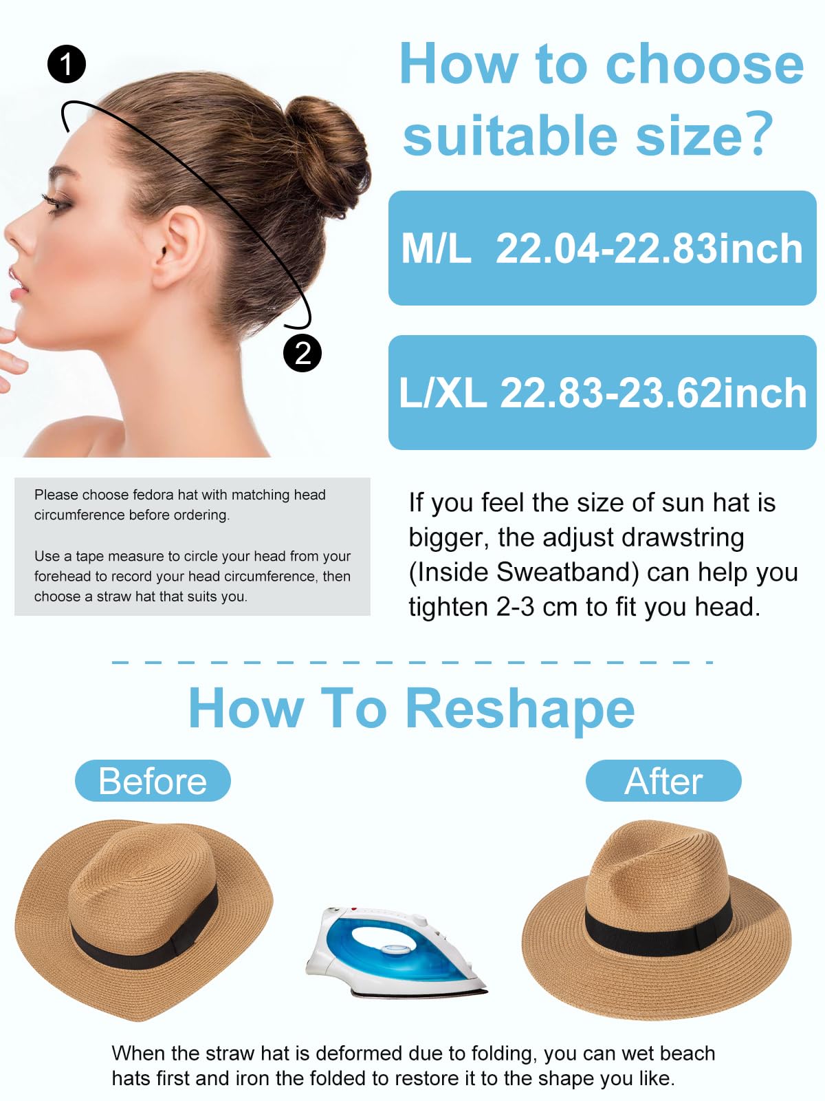 Sun Hats for Women Straw Panama Hat Wide Brim Fedora Beach Hat Packable UV UPF 50+ Summer Hat Khaki